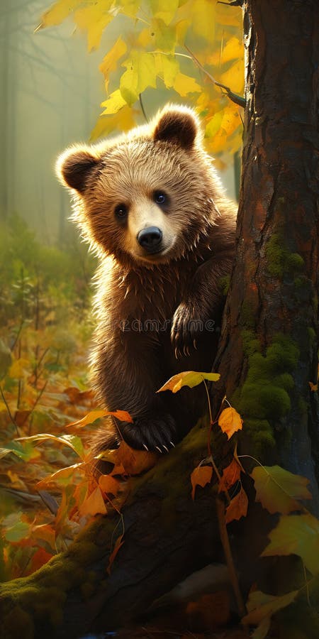 A Bashful Young Brown Bear Sitting in a Tree in the Woods in Nov Stock ...