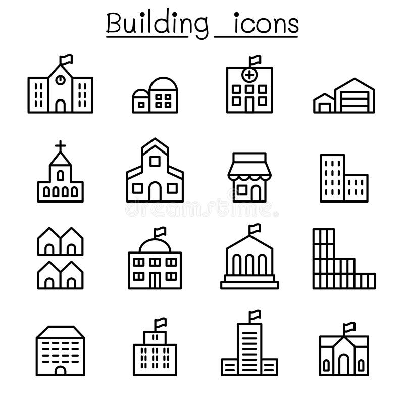Basic Building Icon Set in Thin Line Style Stock Vector - Illustration ...