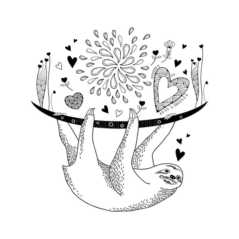 Vector Outline Hanging Sloth with Ornate Hearts in Black Isolated on ...