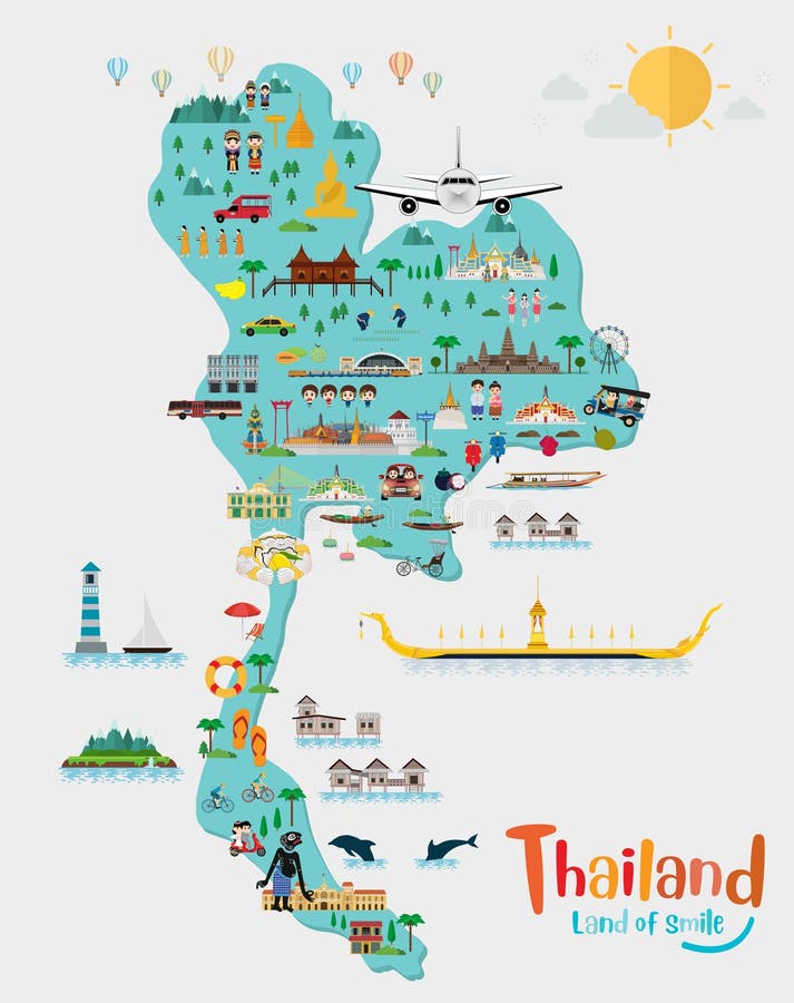 Travel To Thailand and Thailand Map, Place Landmarks Stock Vector ...