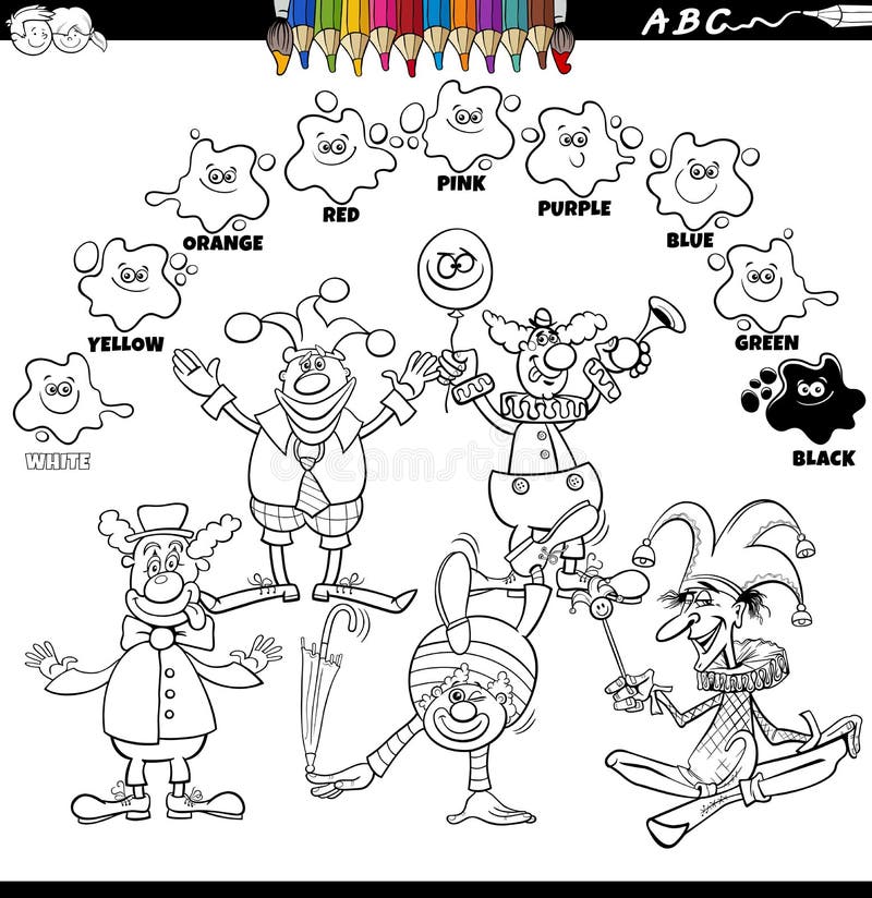 Basic Colors with Cartoon Clowns Coloring Page Stock Vector ...