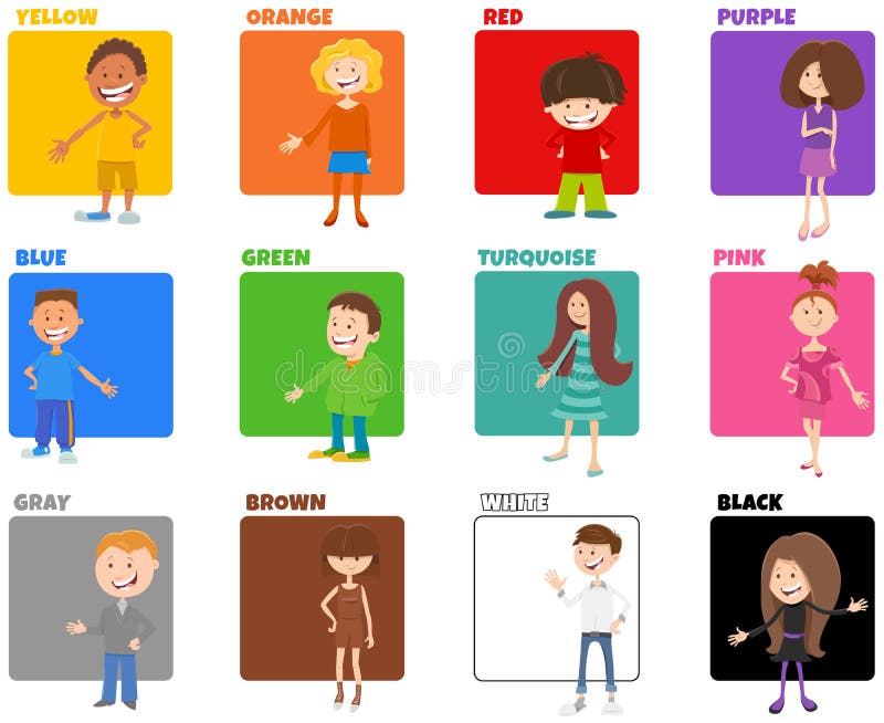 Basic Colors Set with Cartoon Children Characters Stock Vector ...