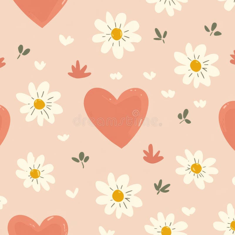 A Basic, Continuous Pattern of Hearts and Daisies, Offering a Romantic ...