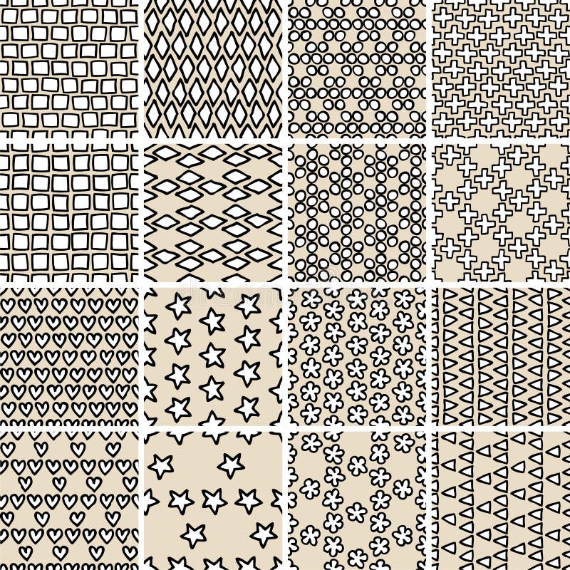 Basic Doodle Seamless Pattern Set No.1 in Black and White Stock Vector ...