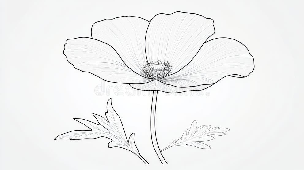 A Basic Drawing of a Poppy in Full Bloom, Featuring a Green Stem, Set ...