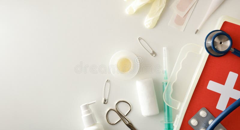 Basic First Aid Portable Medical Assistance Equipments Top View Stock ...