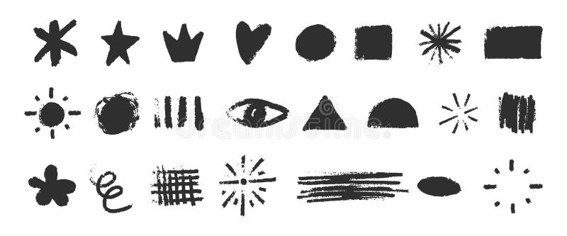Basic Geometric Scratch Shapes Set. Hand Drawn Noise Grunge Pencil ...
