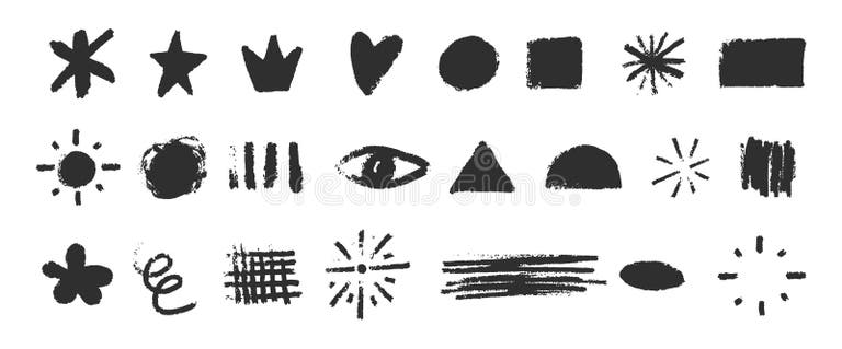 Basic Geometric Scratch Shapes Set. Hand Drawn Noise Grunge Pencil ...