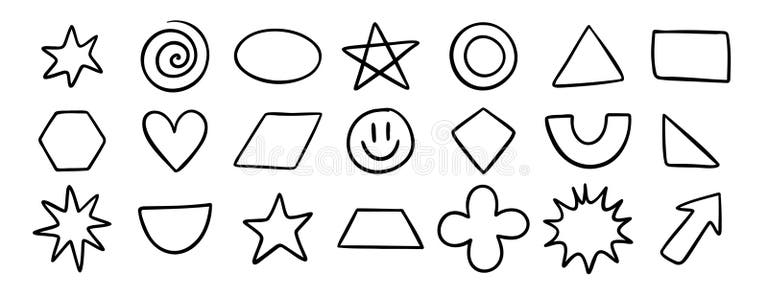 Basic Geometric Shapes Doodle Hand Drawn Icon Set. Outline Drawing for ...