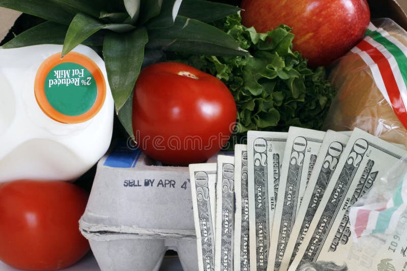 Basic groceries with money stock image. Image of expensive - 16899087
