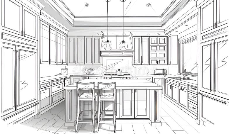 Basic Home Kitchen Center Island, Sketch Line Art, Front View Stock ...