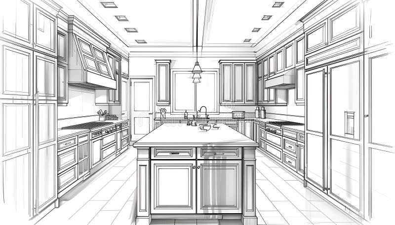 Basic Home Kitchen Center Island, Sketch Line Art, Front View Stock ...