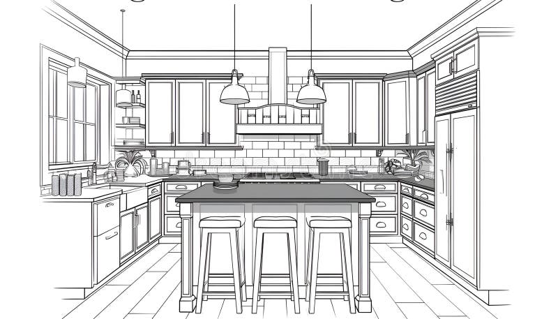 Basic Home Kitchen Center Island, Sketch Line Art, Front View Stock ...