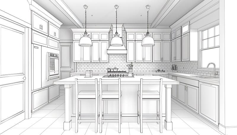 Basic Home Kitchen Center Island, Sketch Line Art, Front View Stock ...