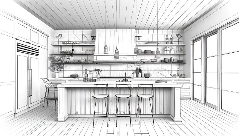 Basic Home Kitchen Center Island, Sketch Line Art, Front View Stock ...