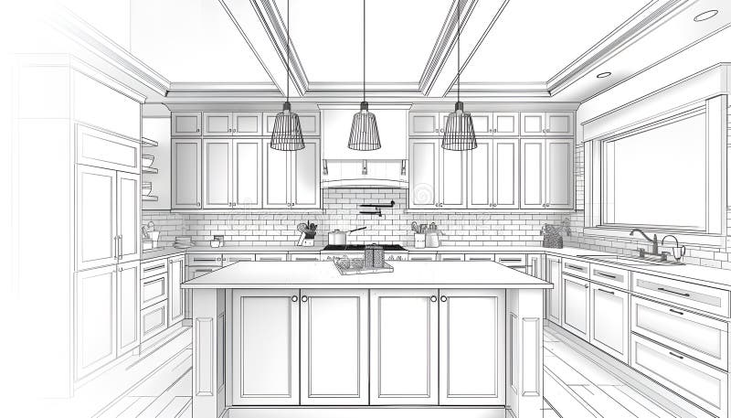 Basic Home Kitchen Center Island, Sketch Line Art, Front View Stock ...