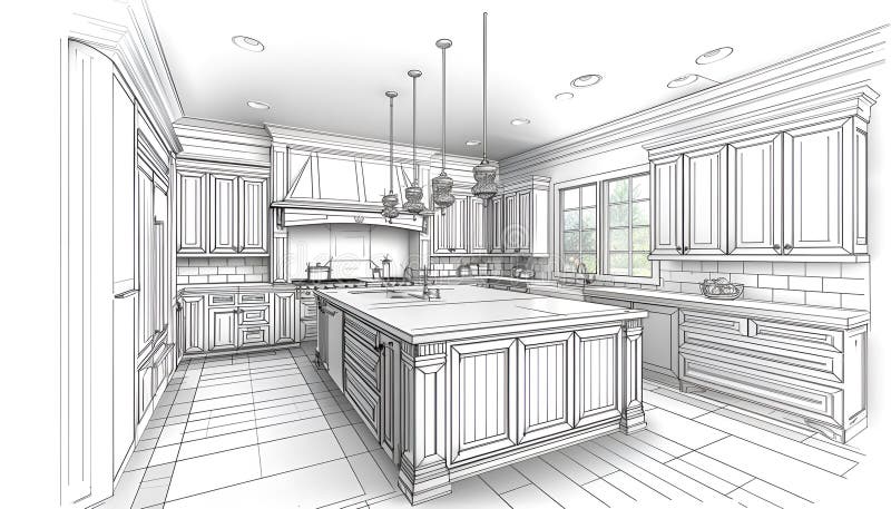 Basic Home Kitchen Center Island, Sketch Line Art, Front View Stock ...