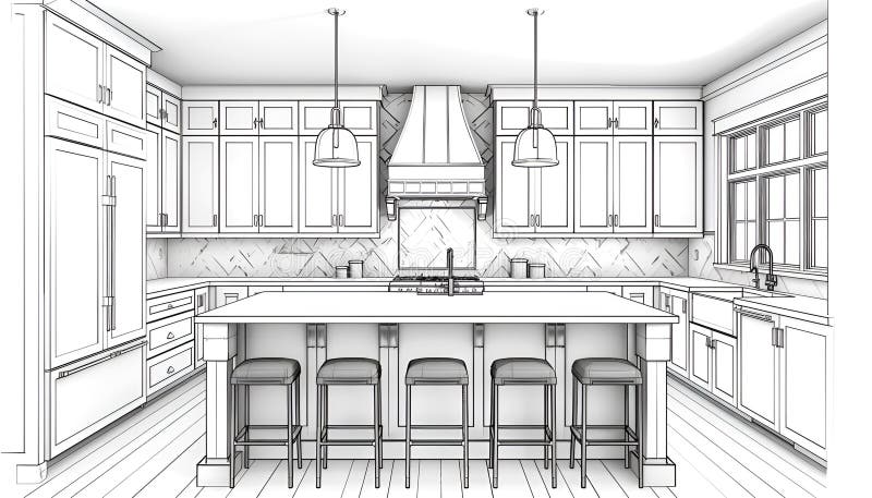 Basic Home Kitchen Center Island, Sketch Line Art, Front View Stock ...
