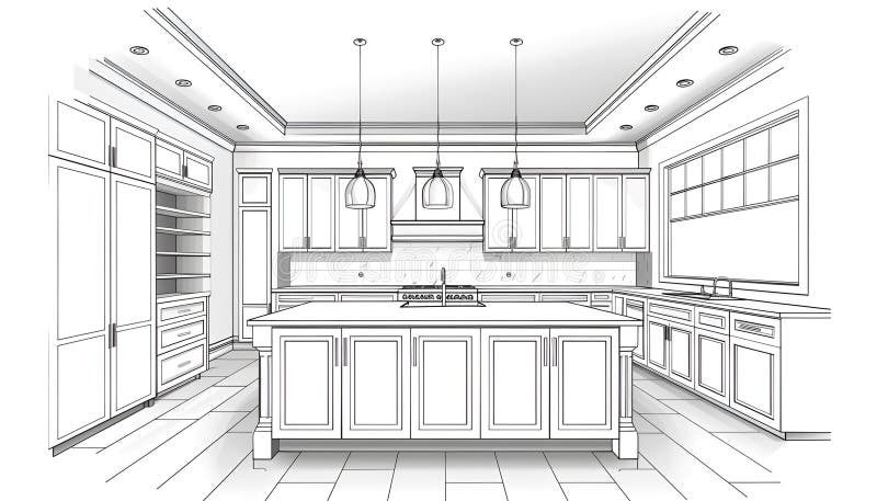 Basic Home Kitchen Center Island, Sketch Line Art, Front View Stock ...