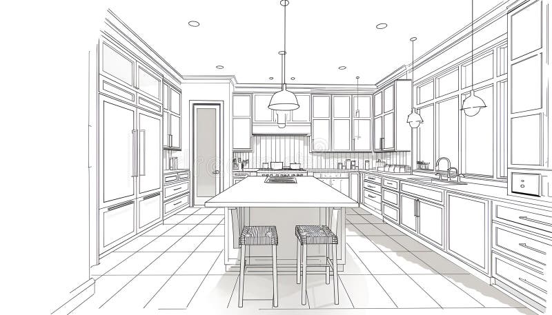 Basic Home Kitchen Center Island, Sketch Line Art, Front View Stock ...