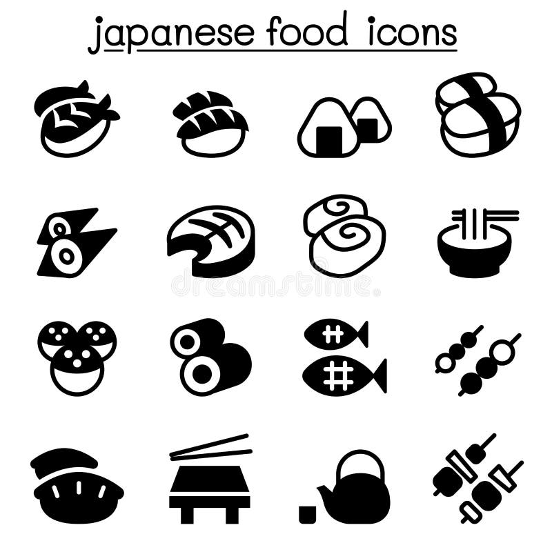 Basic Japanese Food Icons Set Stock Vector - Illustration of moji, maki ...
