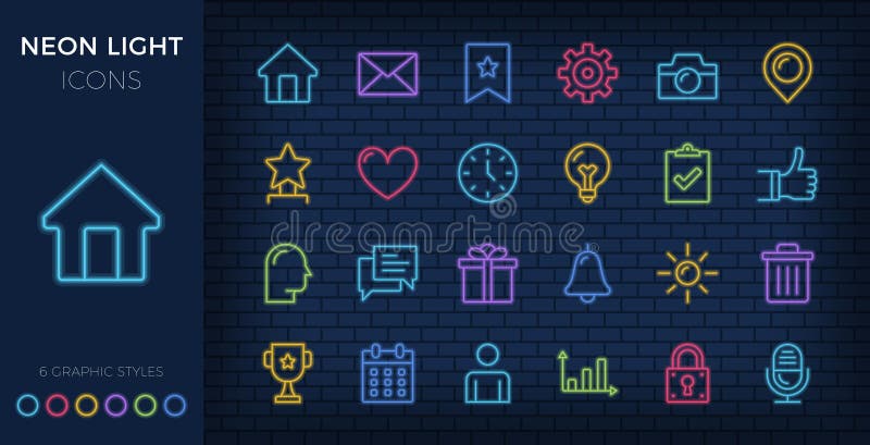Basic Line Icons - Neon Light Style Stock Vector - Illustration of ...
