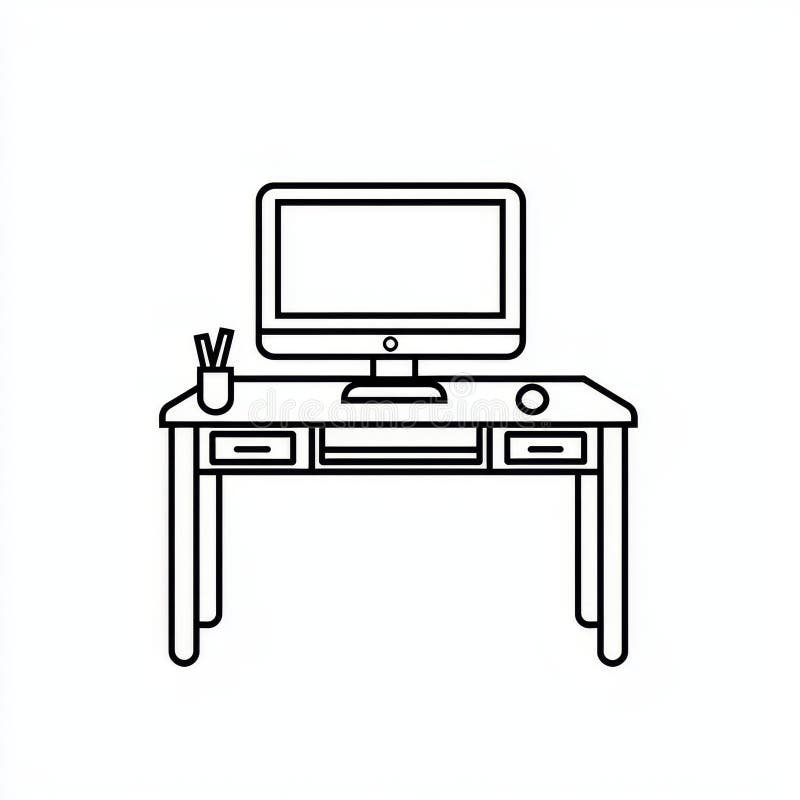 A Basic Line Sketch of a Desk Featuring a Computer, Two Potted Plants ...