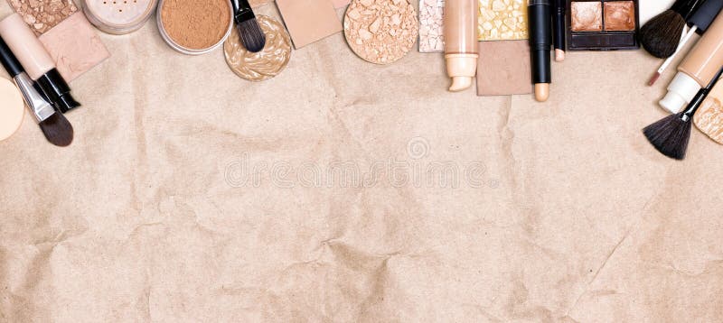 Basic Makeup Products Frame on Kraft Paper. Primer, Concealer ...