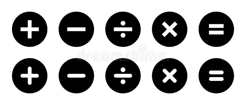 Basic Math Symbols Icon on Black Circle. Addition, Subtraction, Division, Multiplication, and ...