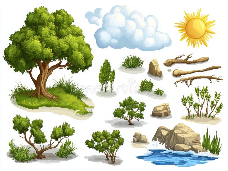 Basic Natural Elements Such As a Tree, Water, Sun, and Rocks are ...