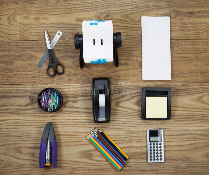 Basic Office Supplies on Aged Wood Stock Photo - Image of notepad ...