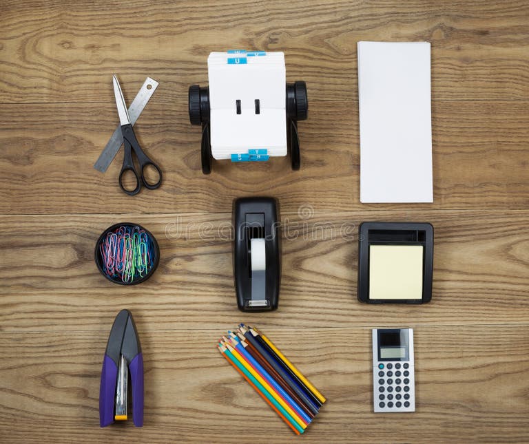 Basic Office Supplies on Aged Wood Stock Photo - Image of notepad ...