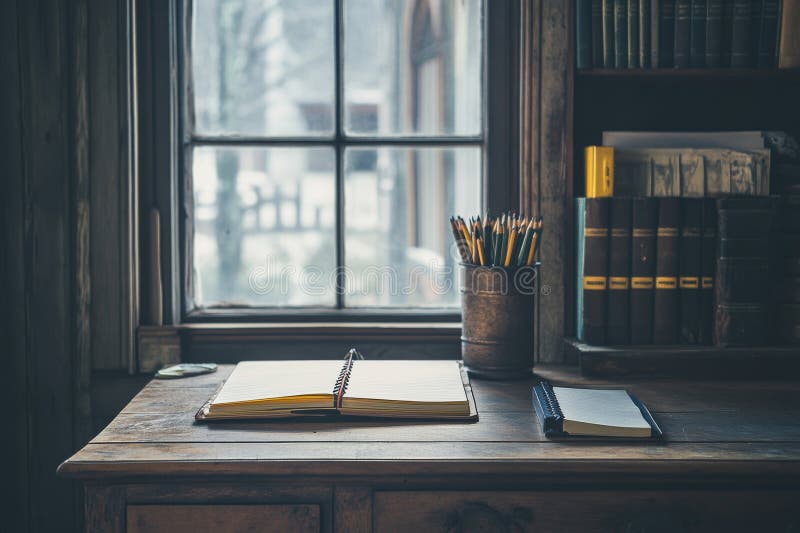 A Basic Office Workspace Featuring a Notebook and a Pen Holder Stock ...