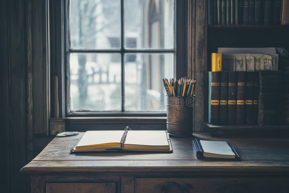 A Basic Office Workspace Featuring a Notebook and a Pen Holder Stock ...
