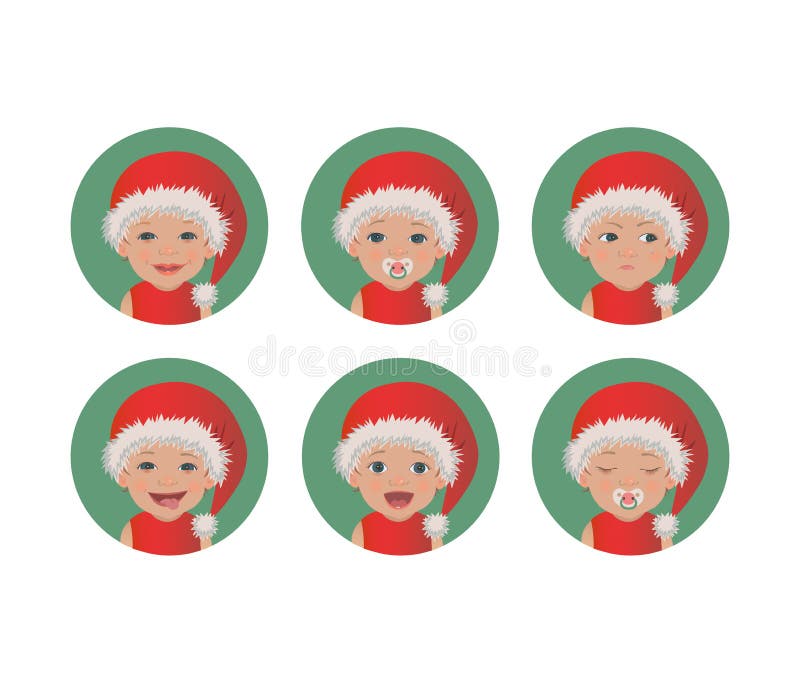 Set of Cute Baby Santa Claus Face Expressions. Happy Christmas Child in ...