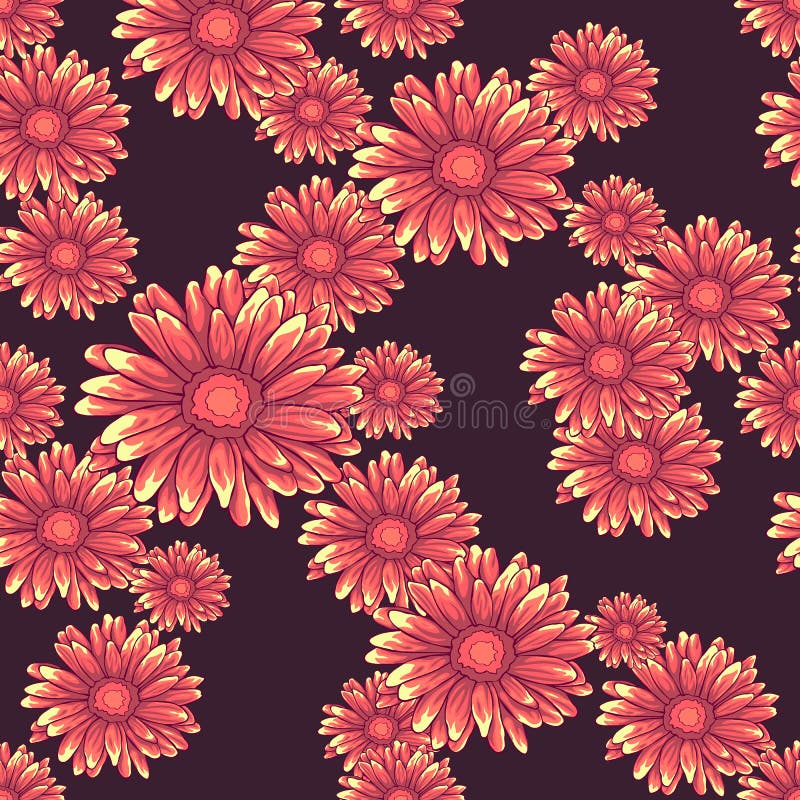 Seamless Pattern with Pink and Orange Daisy Flowers on Dark Violet ...