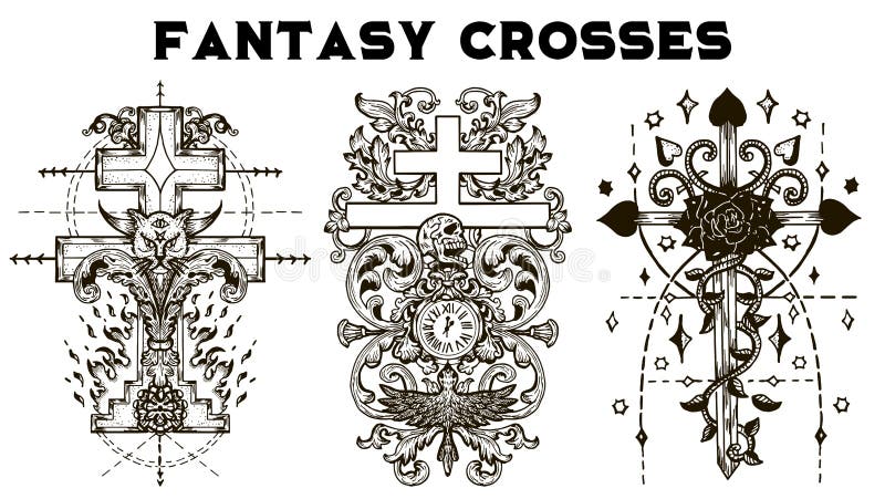 Design Set with Fantasy Crosses with Rose, Gothic and Baroque Patterns ...