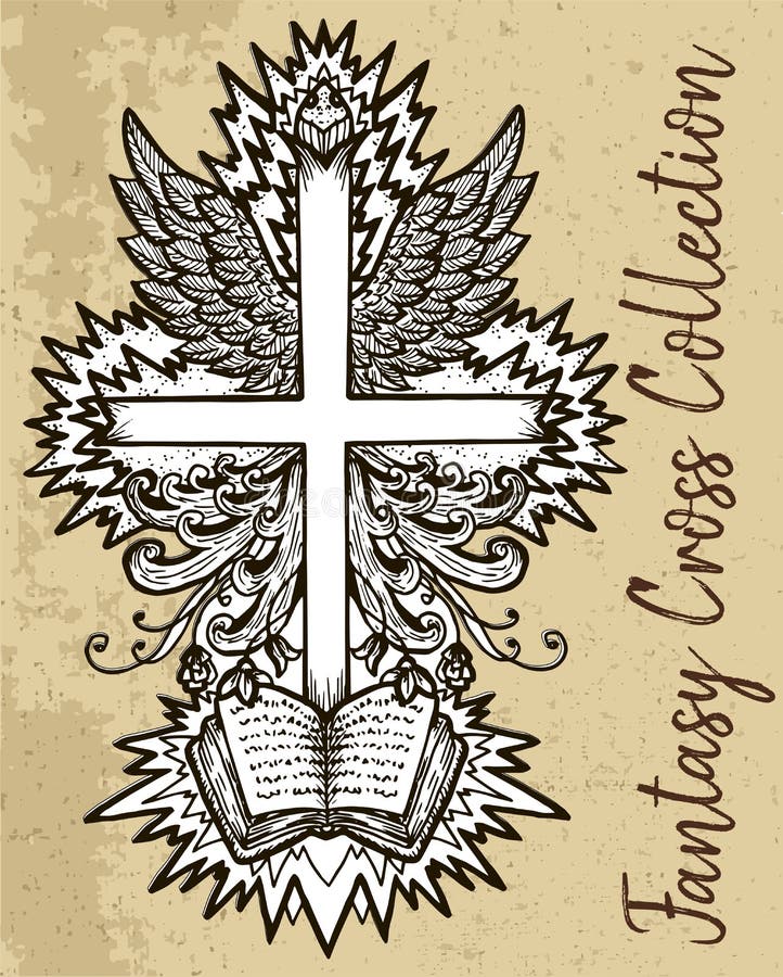 Fantasy Cross with Rose Flower, Sacred Geometry Pattern and Stars Stock ...