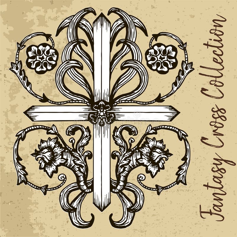 Fantasy Cross with Baroque Leaves and Flowers Patterns on Texture ...