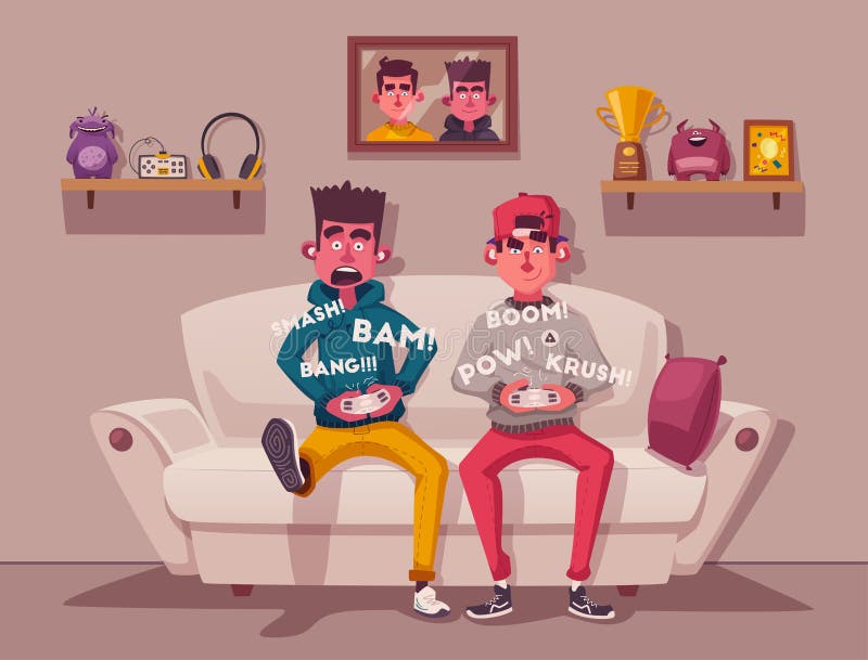 Friends is Gaming. Gamers Playing Video Game. Cartoon Vector ...