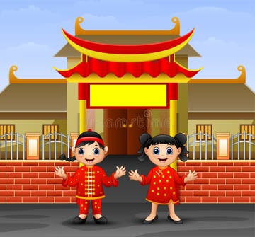 Cartoon Chinese Kids in Front of the Temple Stock Vector - Illustration ...