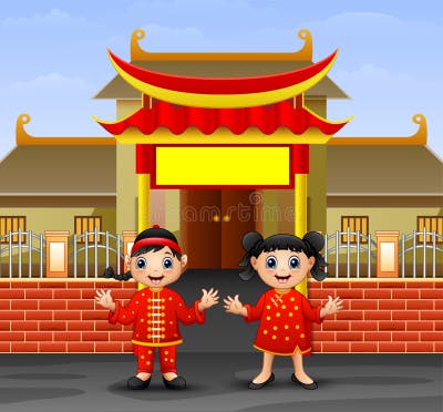 Cartoon Chinese Kids in Front of the Temple Stock Vector - Illustration ...