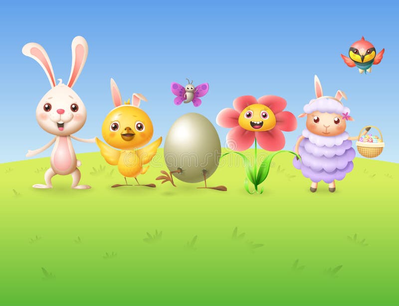 Happy Cute Characters Celebrate Spring and Easter Stock Vector ...