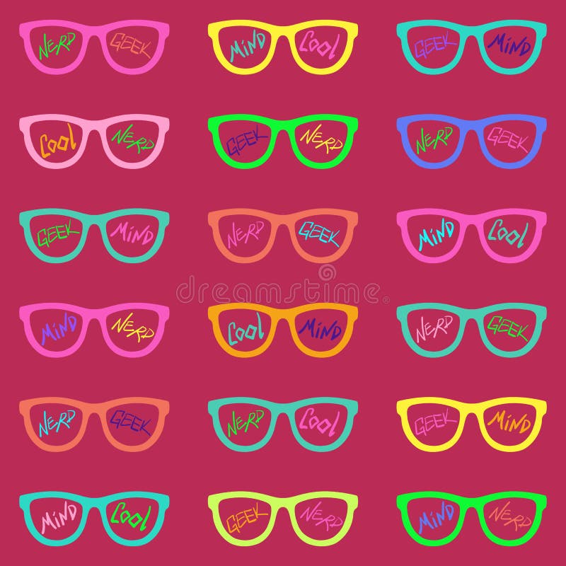 Set. Seamless Pattern with Glasses and Inscriptions: Nerd, Cool, Mind ...