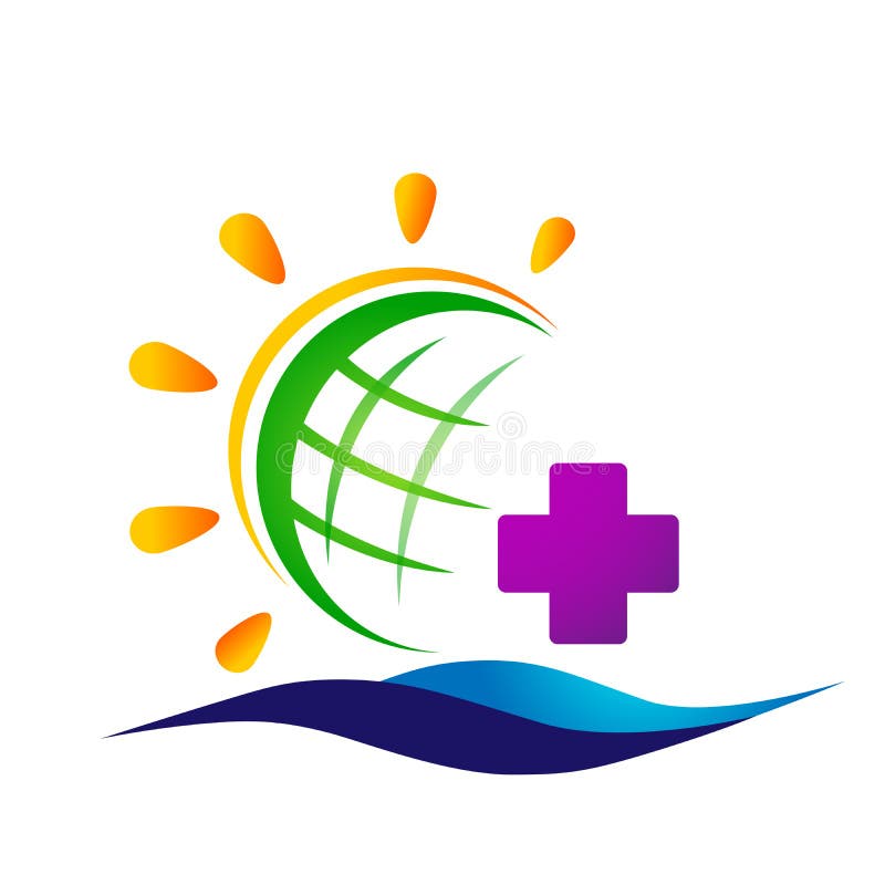 Medical Care Globe Sun and Sea Wave Family Health Concept in Heart Logo ...