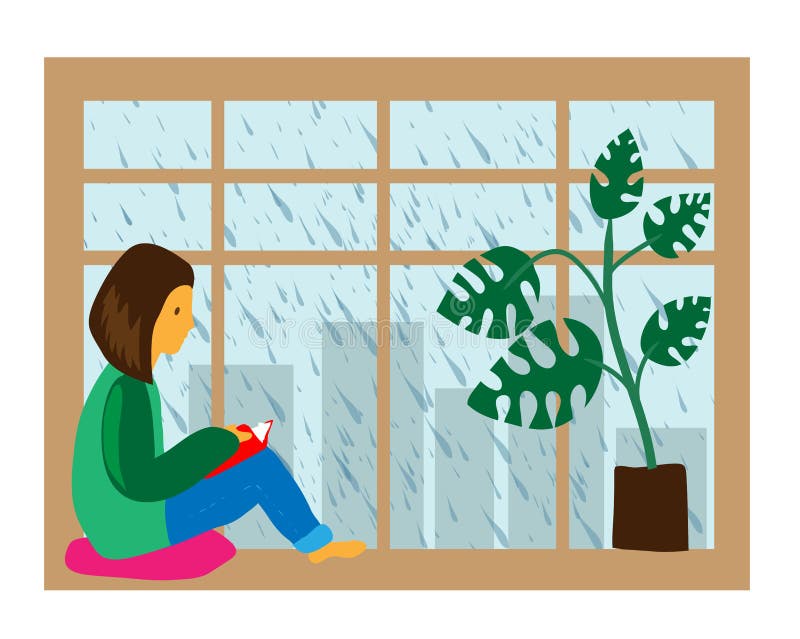 Girl read book, rainy day stock vector. Illustration of people - 141202912