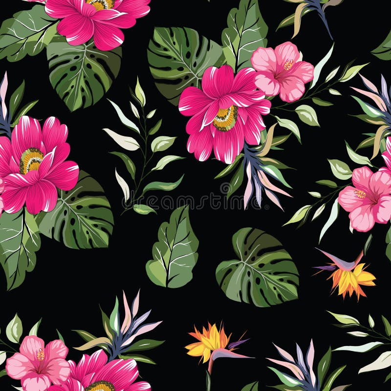 Seamless Pattern Tropical Pink Flower with Leaves Black Stock Vector ...