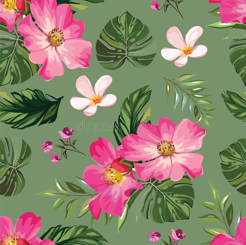 Seamless Tropical Flower with Leaves Pattern Green Stock Vector ...