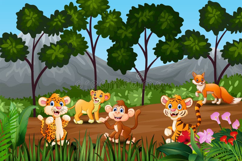 Group of Wild Animals Gathering on the Fringe of Forest Stock Vector ...