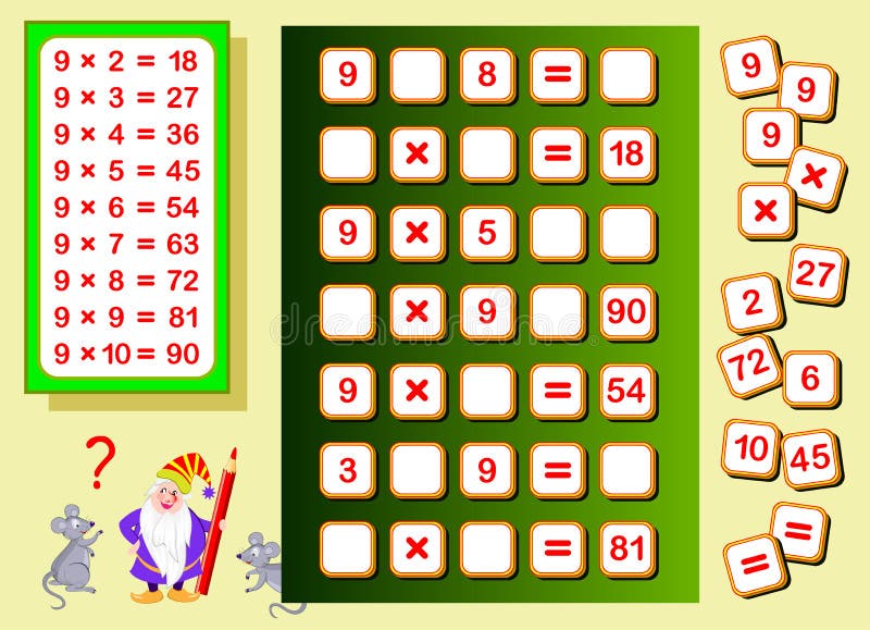 Multiplication Table by 9 for Kids. Find Places for Falling Numbers and ...